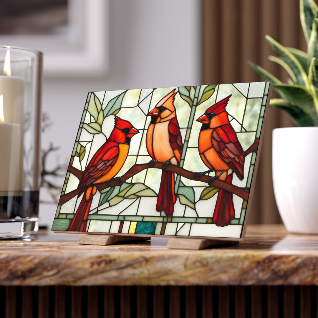Cardinal Stained Glass Look Memorial Ceramic Tile Grief Gift ...