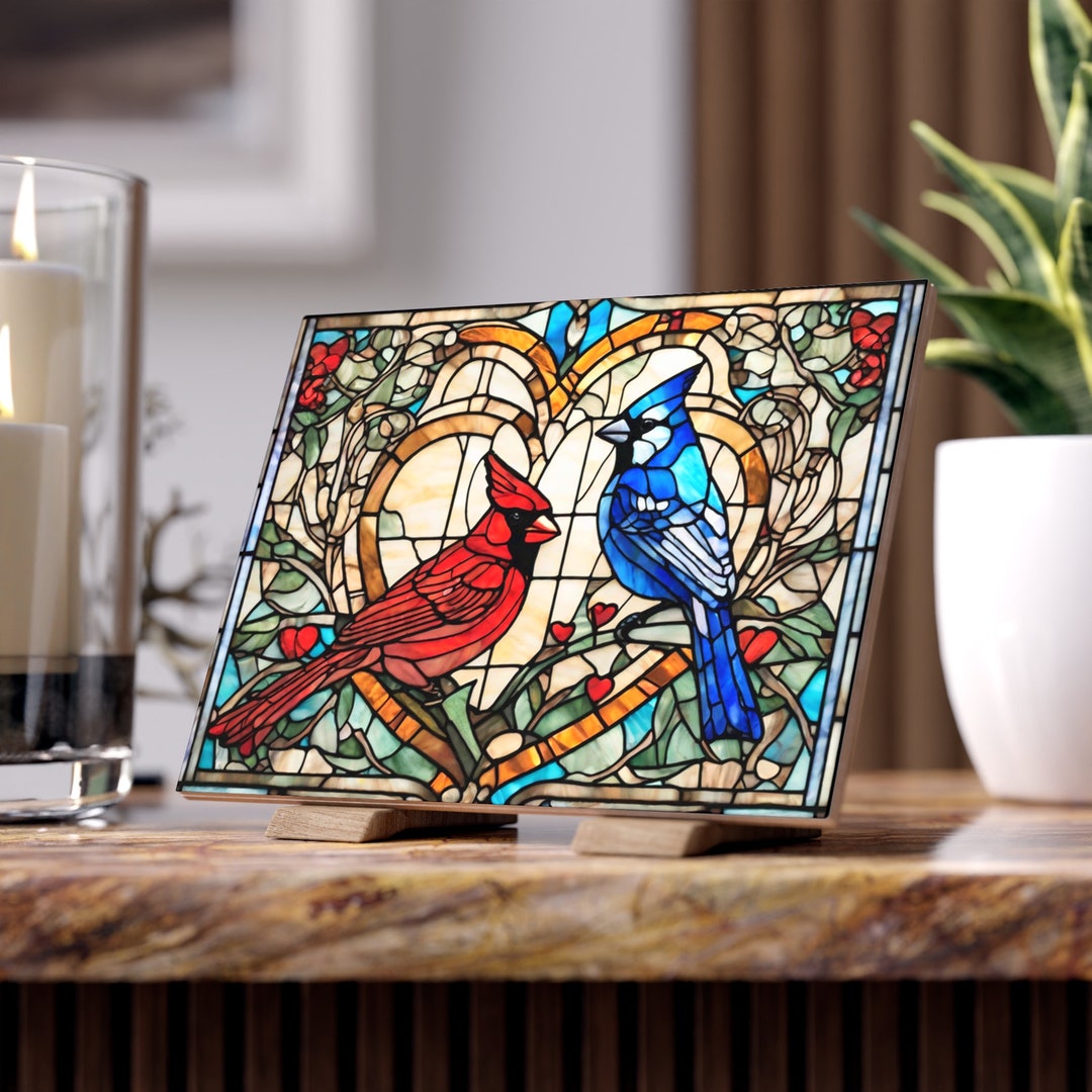 Cardinal and Blue Jay Heart Tile: Stained Glass Look Bird Lover Gift - Etsy