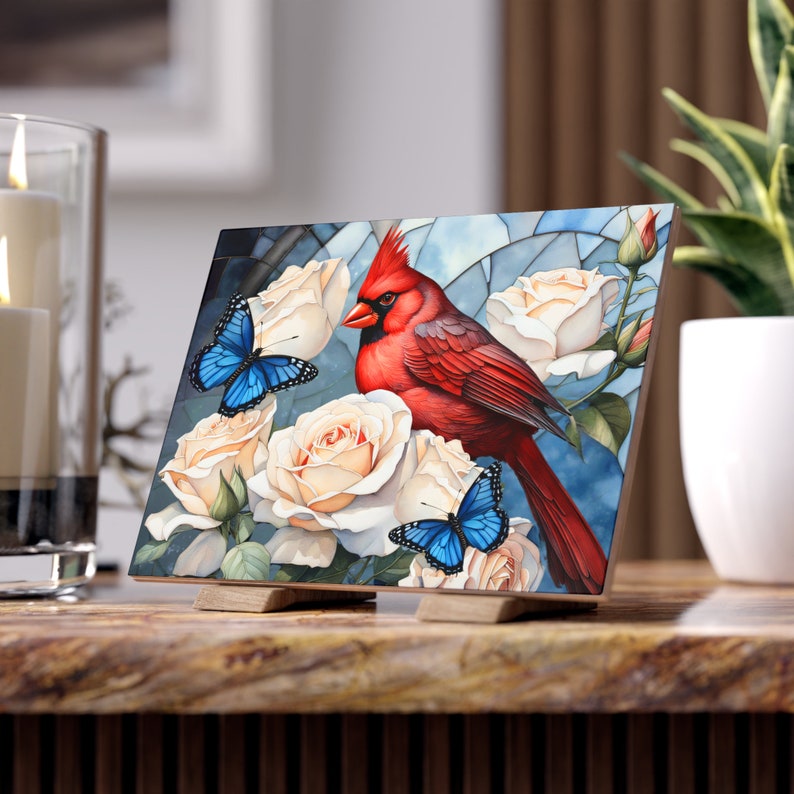 Butterfly and Cardinal Stain Glass Look Tile Red Cardinal Decor ...
