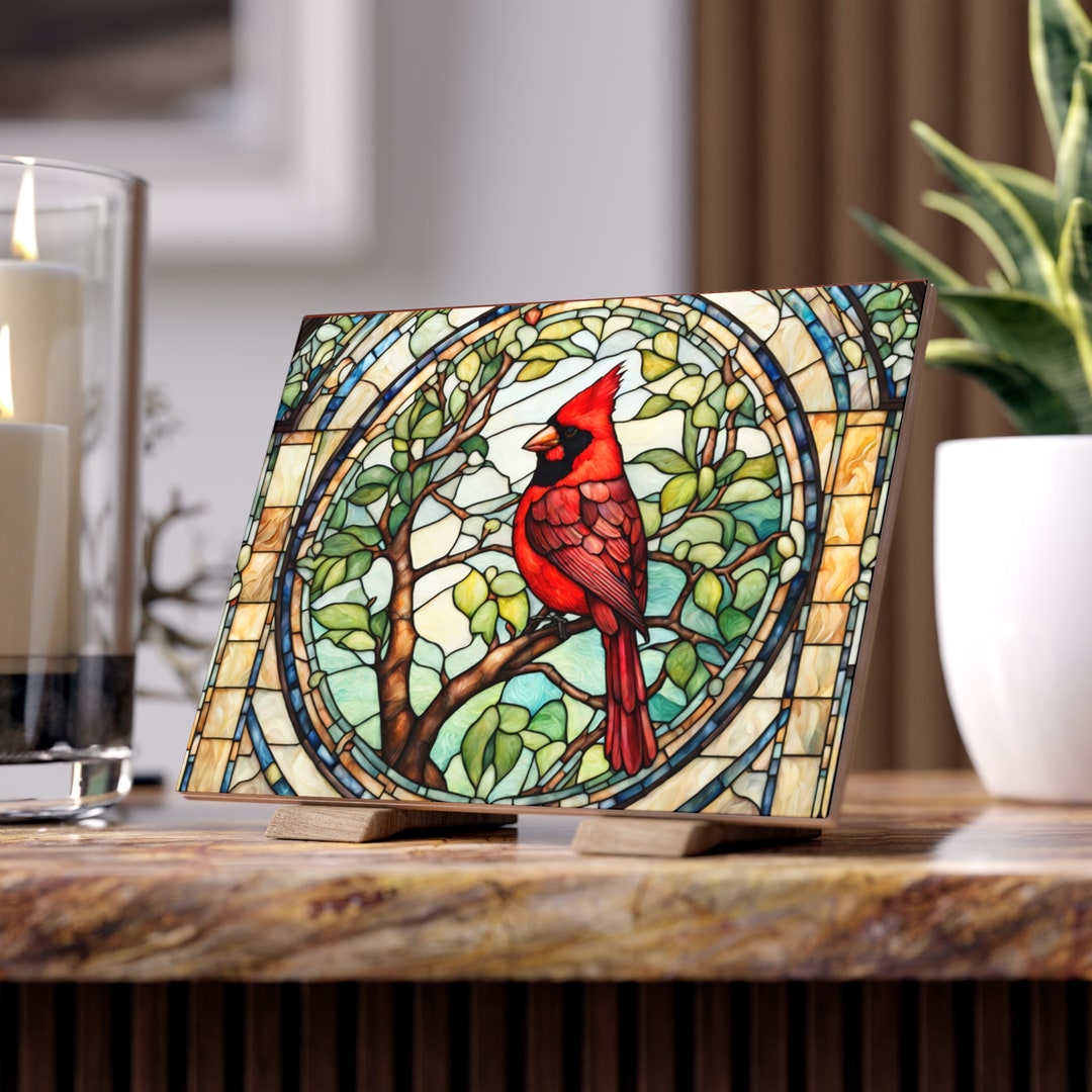 Stained Glass Cardinal Decorative Ceramic Tile | Gift for Best Friend ...