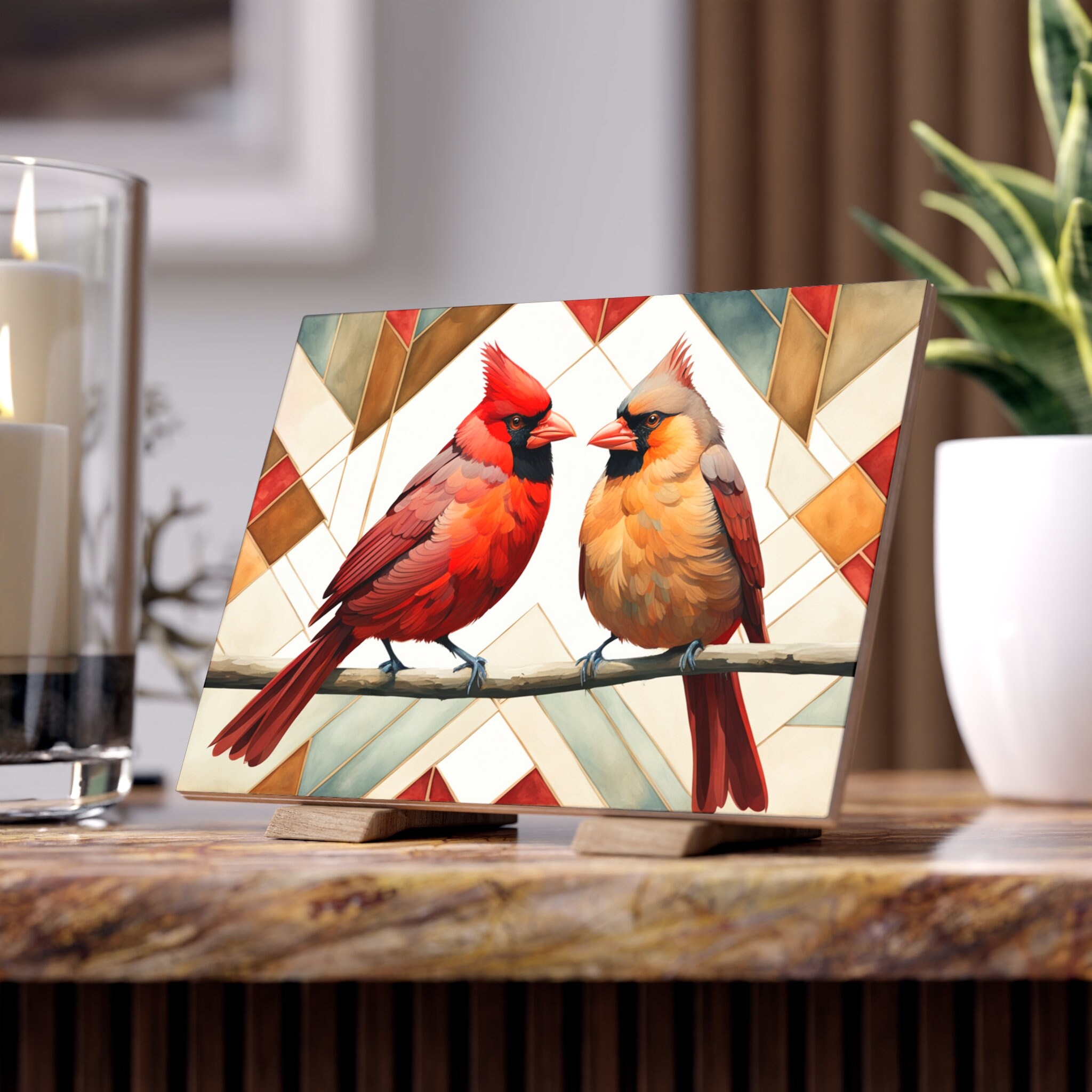 Cardinal Pair Watercolor Stained Glass Mosaic Look Tile Gift for Bird ...