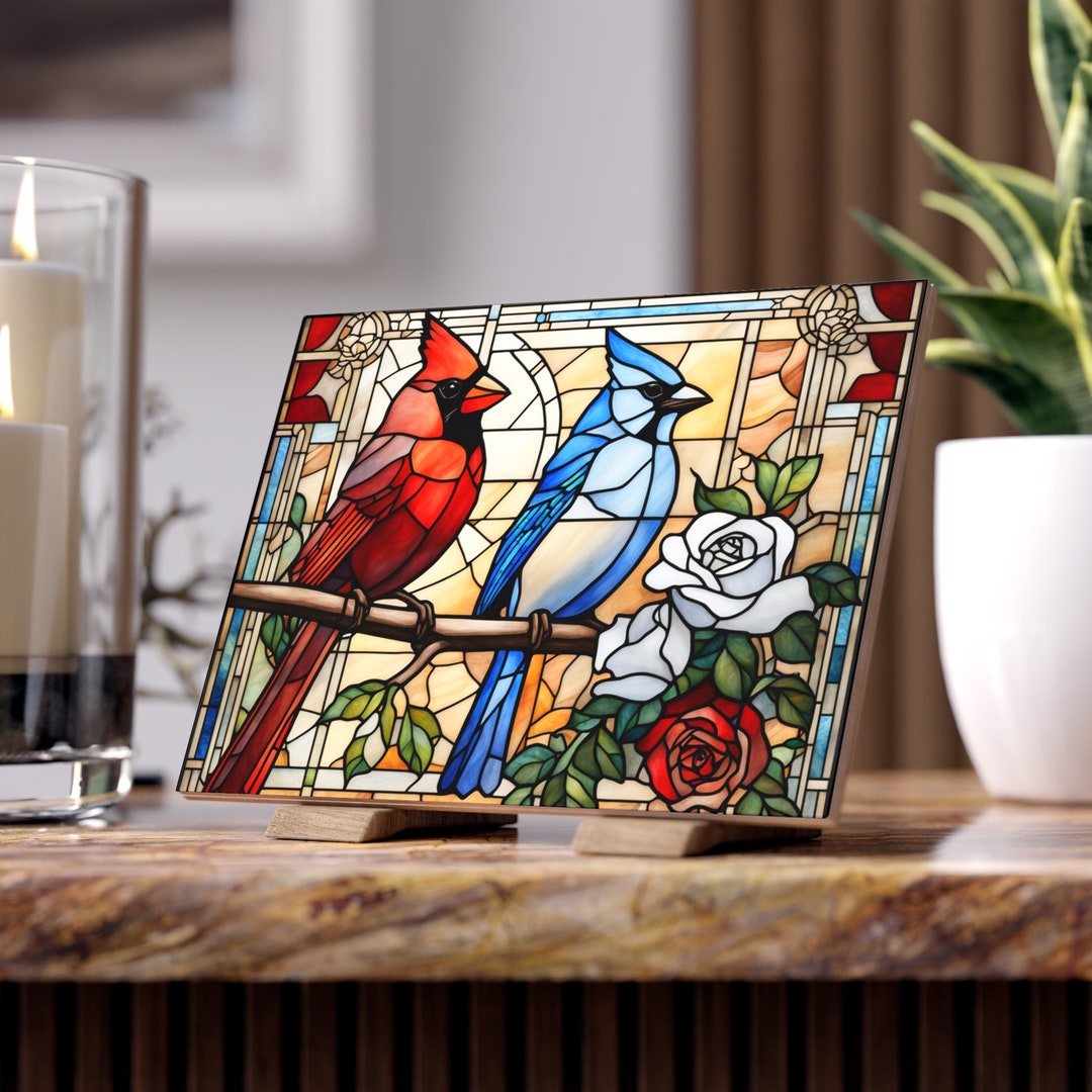 Blue Jay and Cardinal Stain Glass Look Tile | Red Cardinal Decor ...