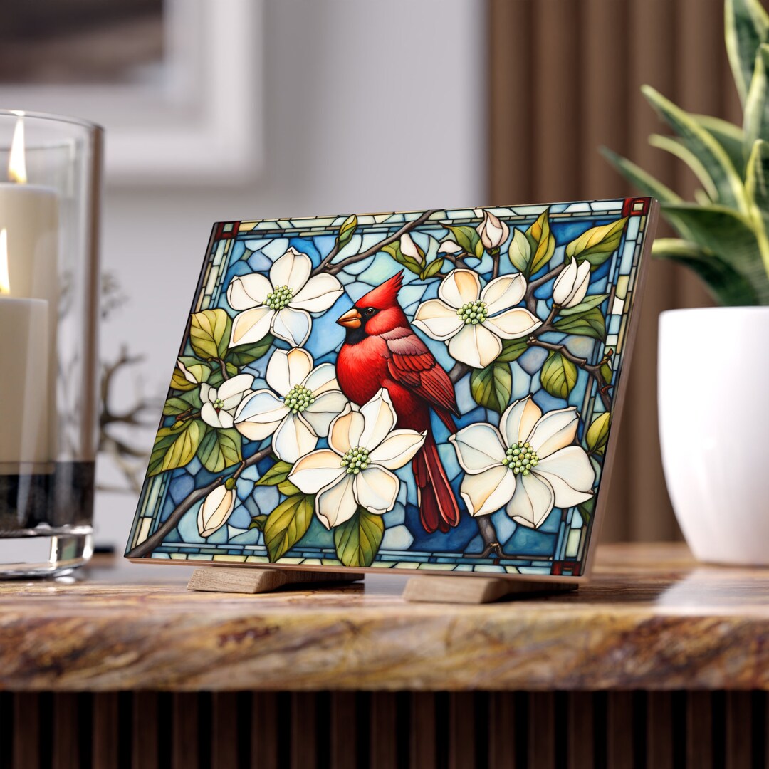 White Dogwood Cardinal Stained Glass Tile Gift for Bird Lovers ...