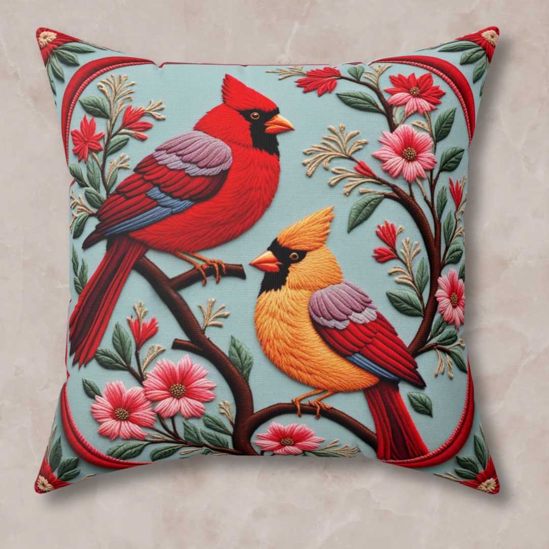 Cardinal Shabby Chic Throw Pillow - Embroidered-look Farmhouse Home ...