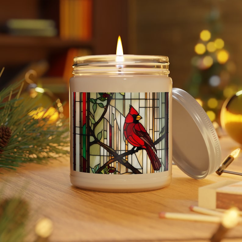 Scented Soy Candle Hand-poured Cardinal Stained Glass Style Candle 9 Oz ...