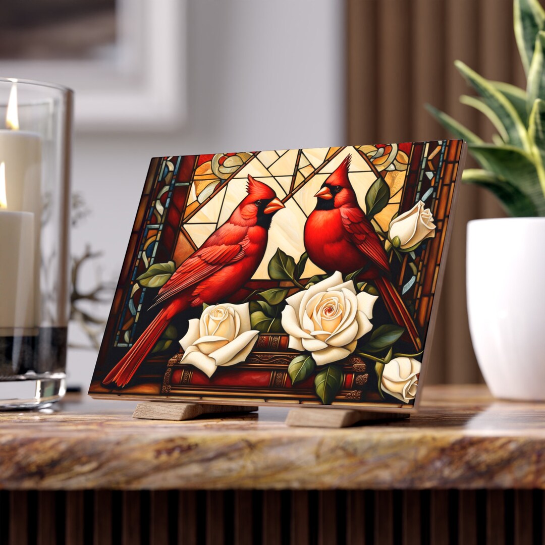 Red Cardinals & Roses Stain Glass Look Watercolor Tile Gift Memorial ...