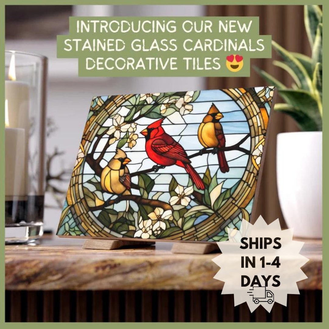 Cardinal Stained Glass Look Ceramic Tile for Bird Lovers| Yellow Female ...