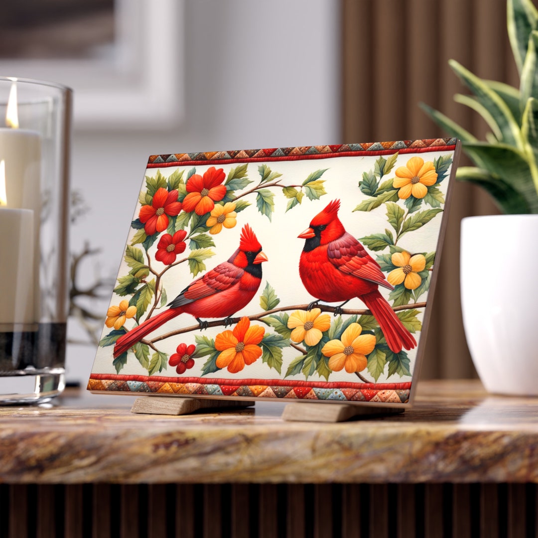 Cardinal Folk Art Ceramic Tile | Red Cardinals & Spring Flowers | Great ...