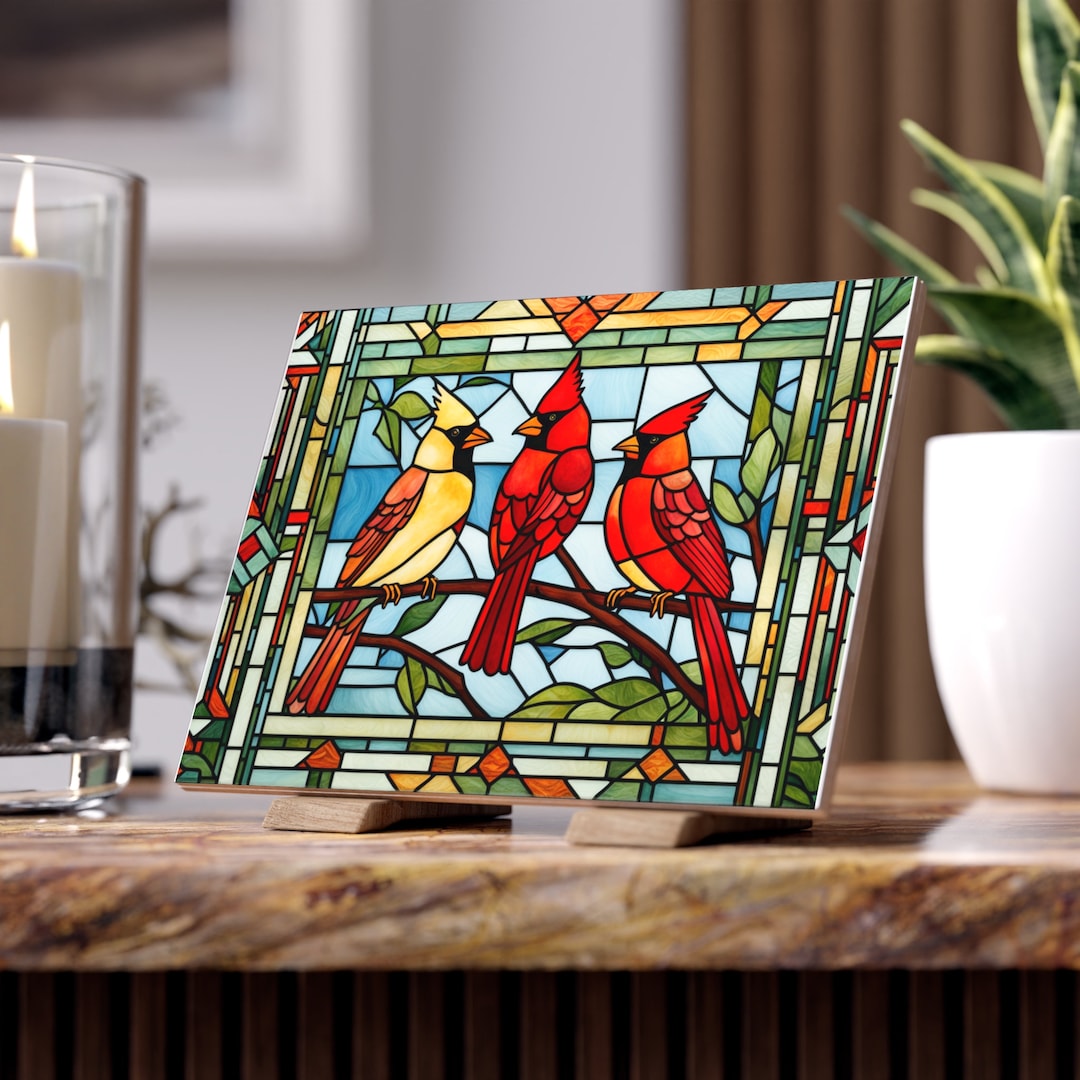 Cardinal Three Birds Tile Stained Glass Look Gift for Bird - Etsy