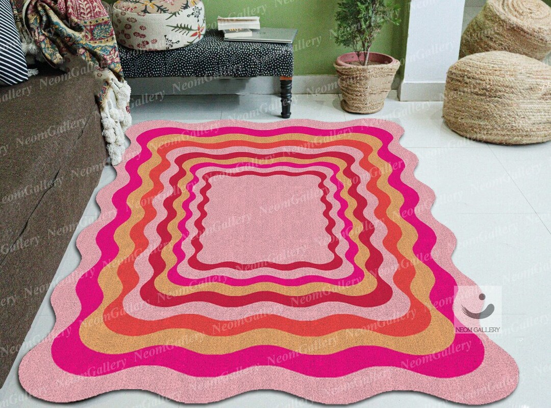 Handmade, Pink Psychedelic Scalloped Tufted Area Rug, Plain Shade ...
