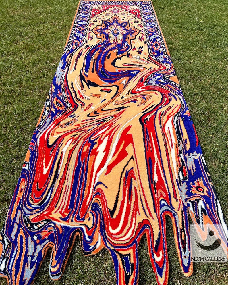 Melting Runner Traditional Cream and Blue Hand Tuft Rug for Living ...