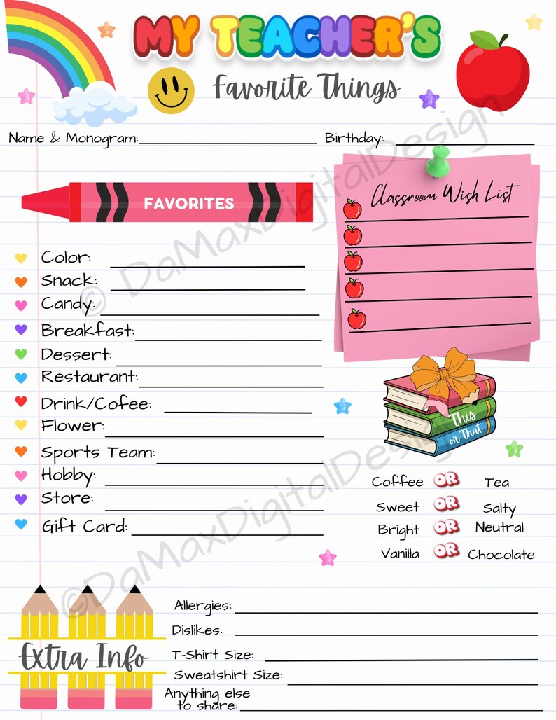 My Teacher’s Favorite Things – Printable Questionnaire | Instant ...