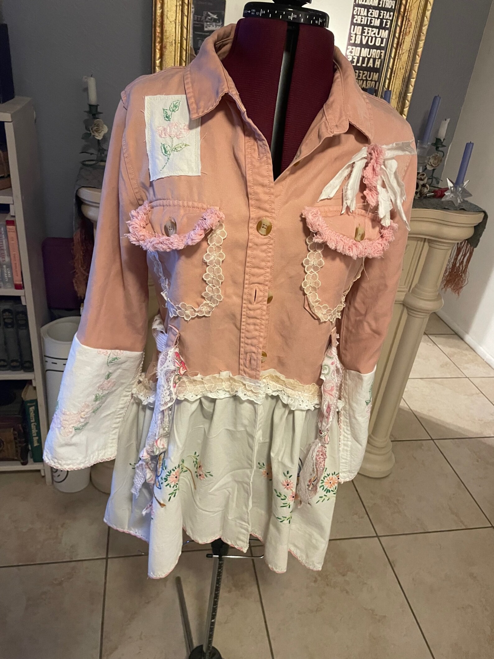 Shabby Chic Pink Flamingo Jacket Upcycled, Size Medium, Unique One of a ...