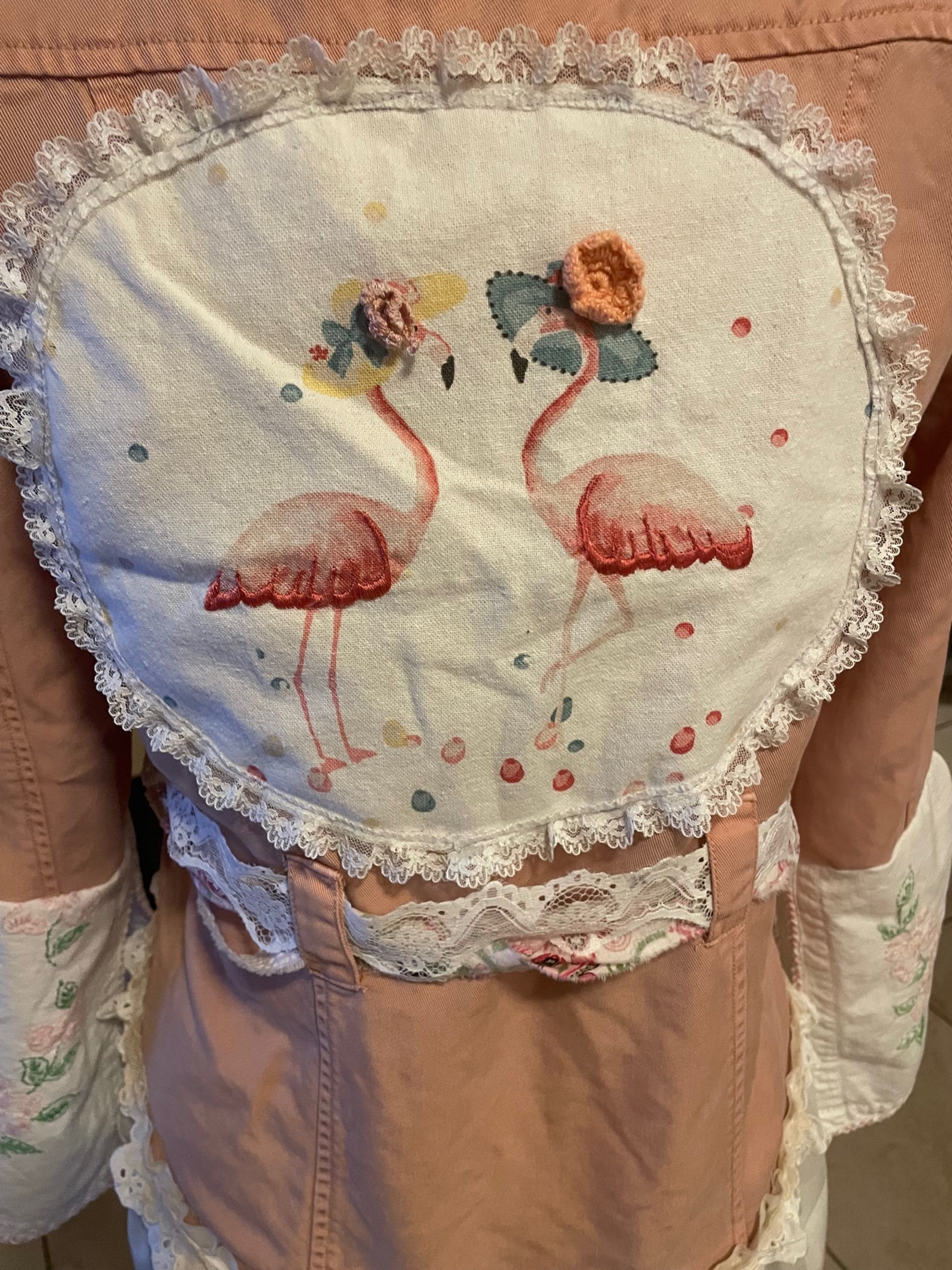 Shabby Chic Pink Flamingo Jacket Upcycled, Size Medium, Unique One of a ...