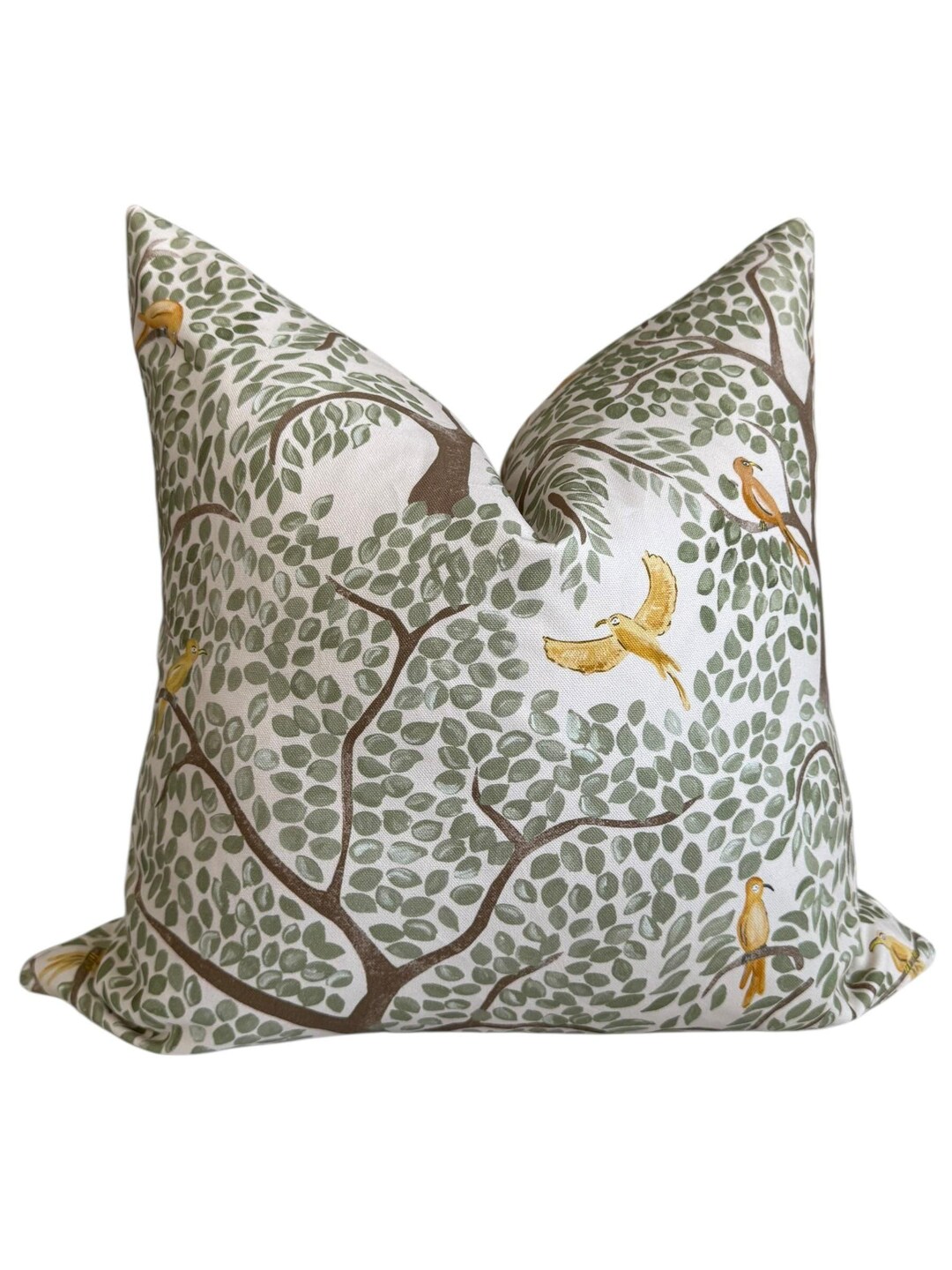 Tree and Bird Pillow Cover: Beige, Olive Green, Blue, Rust Plaid Fabric ...