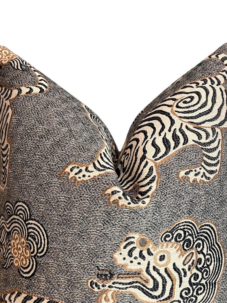 Tiger Dragon Chinoiserie Pillow, Grey Katmandu Tibetan Dragon Pillow ...