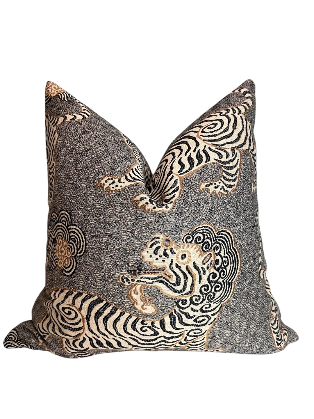Tiger Dragon Chinoiserie Pillow, Grey Katmandu Tibetan Dragon Pillow ...