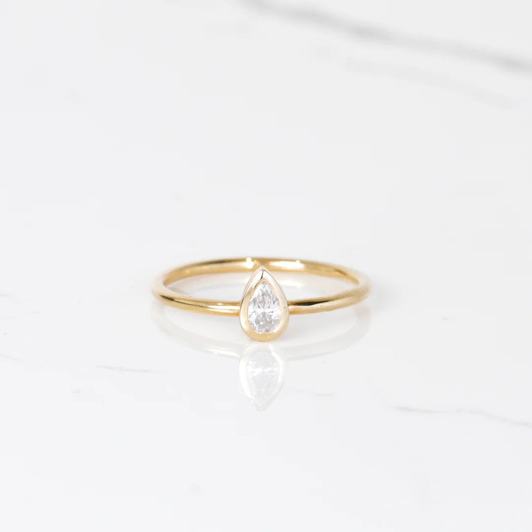 Bezel Set Pear Diamond Ring in 14k Yellow Gold - Etsy
