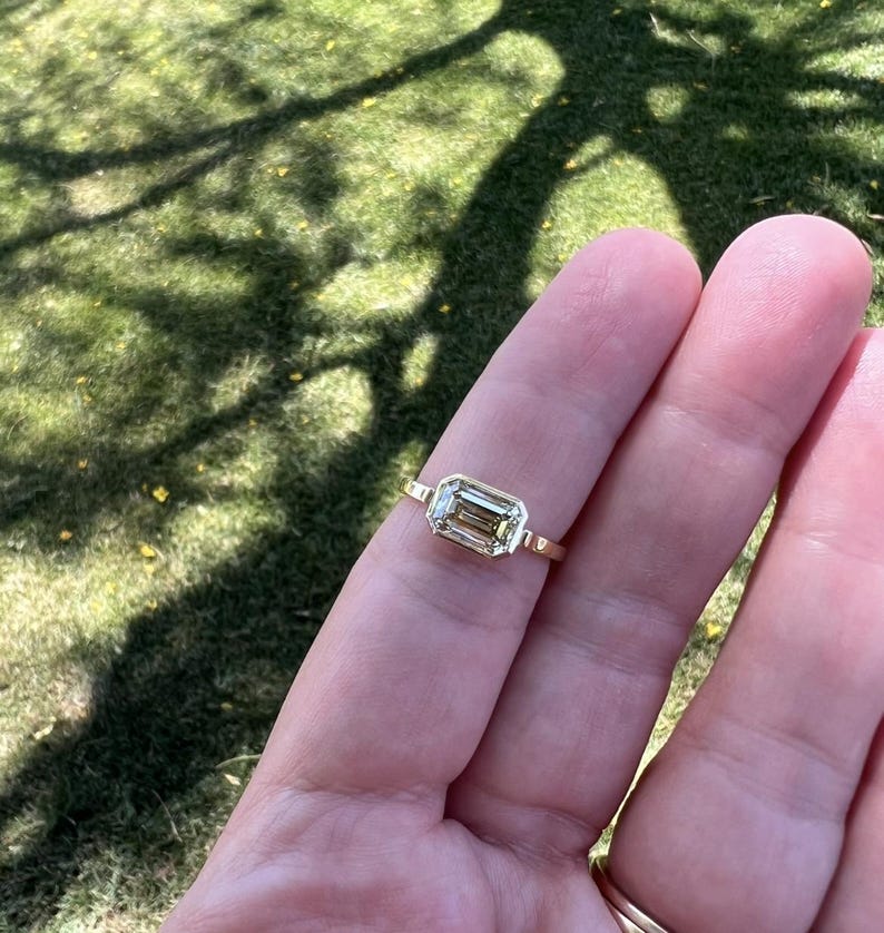 Horizontal Set Emerald Cut Diamond Solitaire Ring in Yellow Gold - Etsy