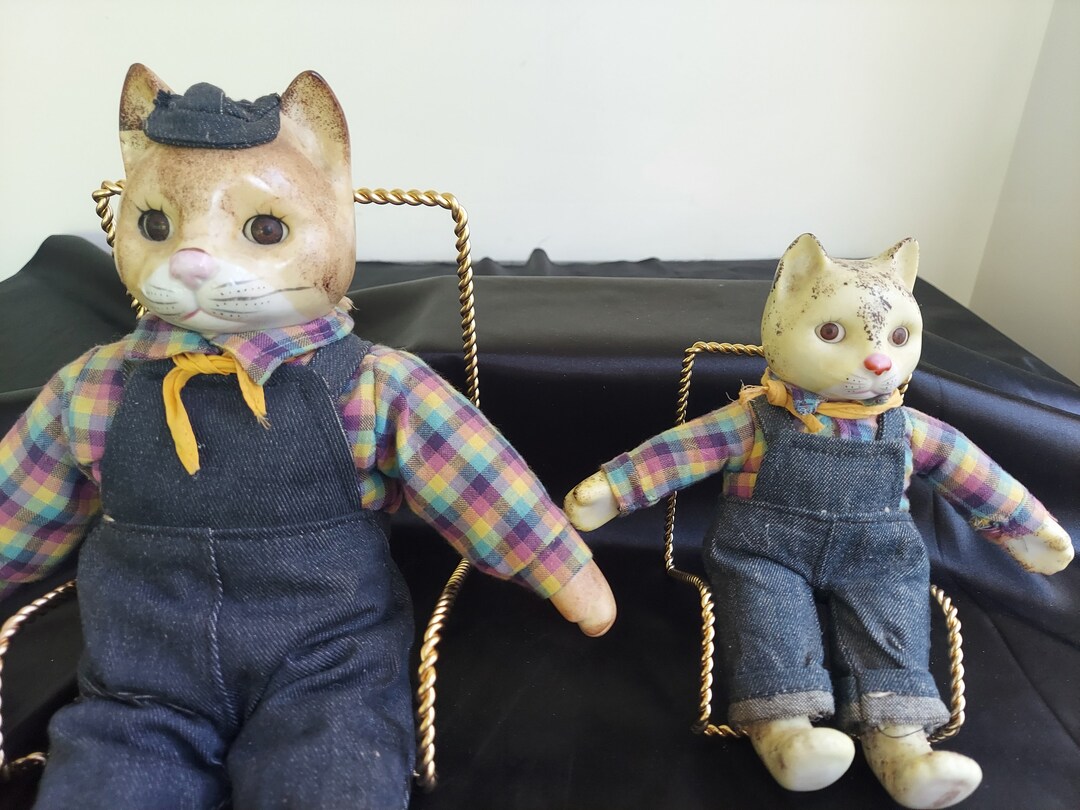 Vintage Porcelain Cat Dolls With Bib Overalls and Plaid Shirts ...
