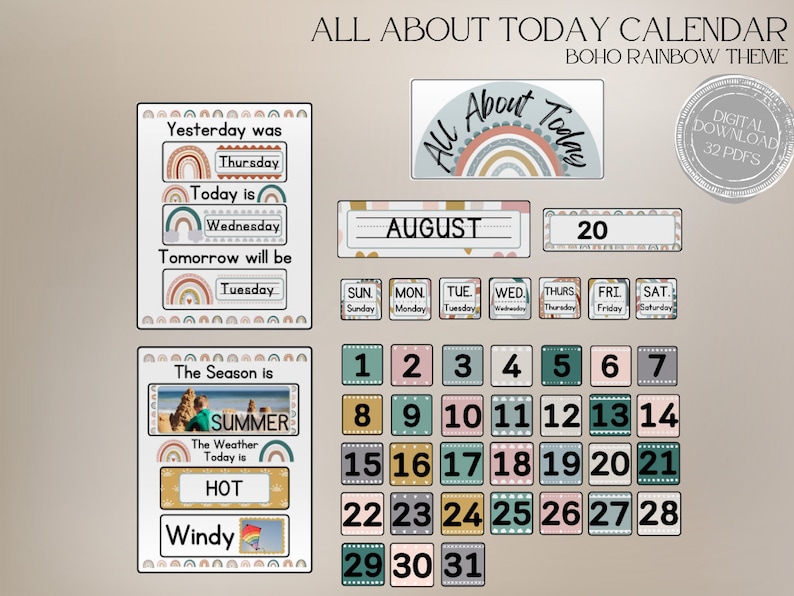 DIGITAL DOWNLOAD Boho Rainbow Theme All About Today Calendar | Circle ...