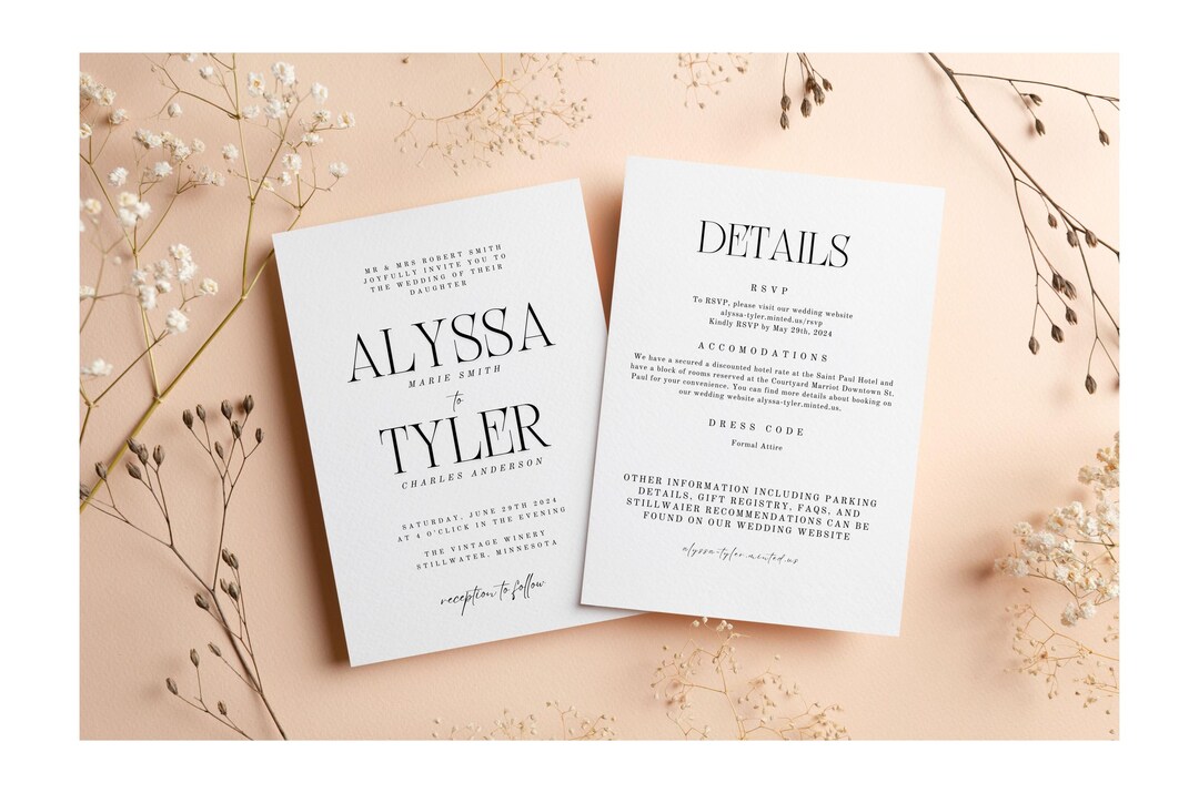 Classic Type Wedding Invite With Details on Backside Template - Etsy