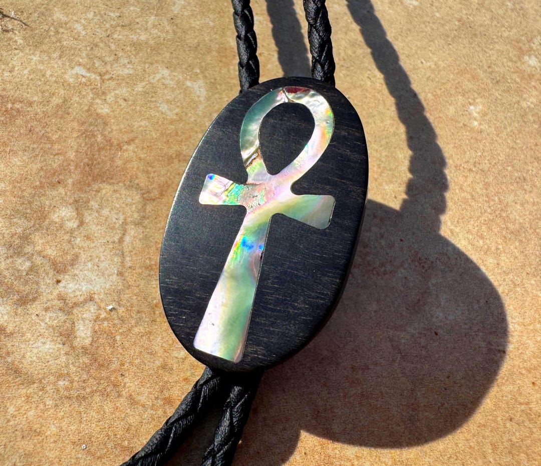 Abalone Ankh Inlayed in Natural Ebony Wood Bolo Tie on Braided Leather ...