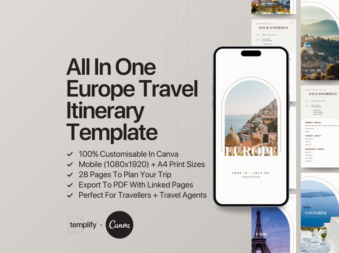 Europe Travel Itinerary Template | Beige | 12 Places - 6 Countries ...
