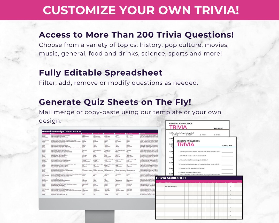 200 Trivia Game Questions, Custom Trivia Kit With Excel Spreadsheet ...