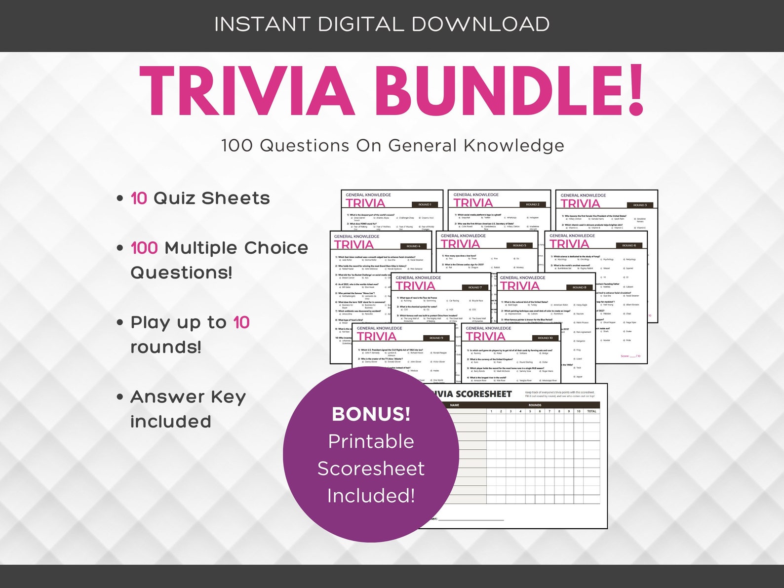 100 Trivia Questions Bundle, General Knowledge Trivia Game, Instant ...