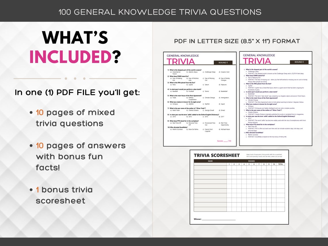 100 Trivia Questions Bundle, General Knowledge Trivia Game, Instant ...
