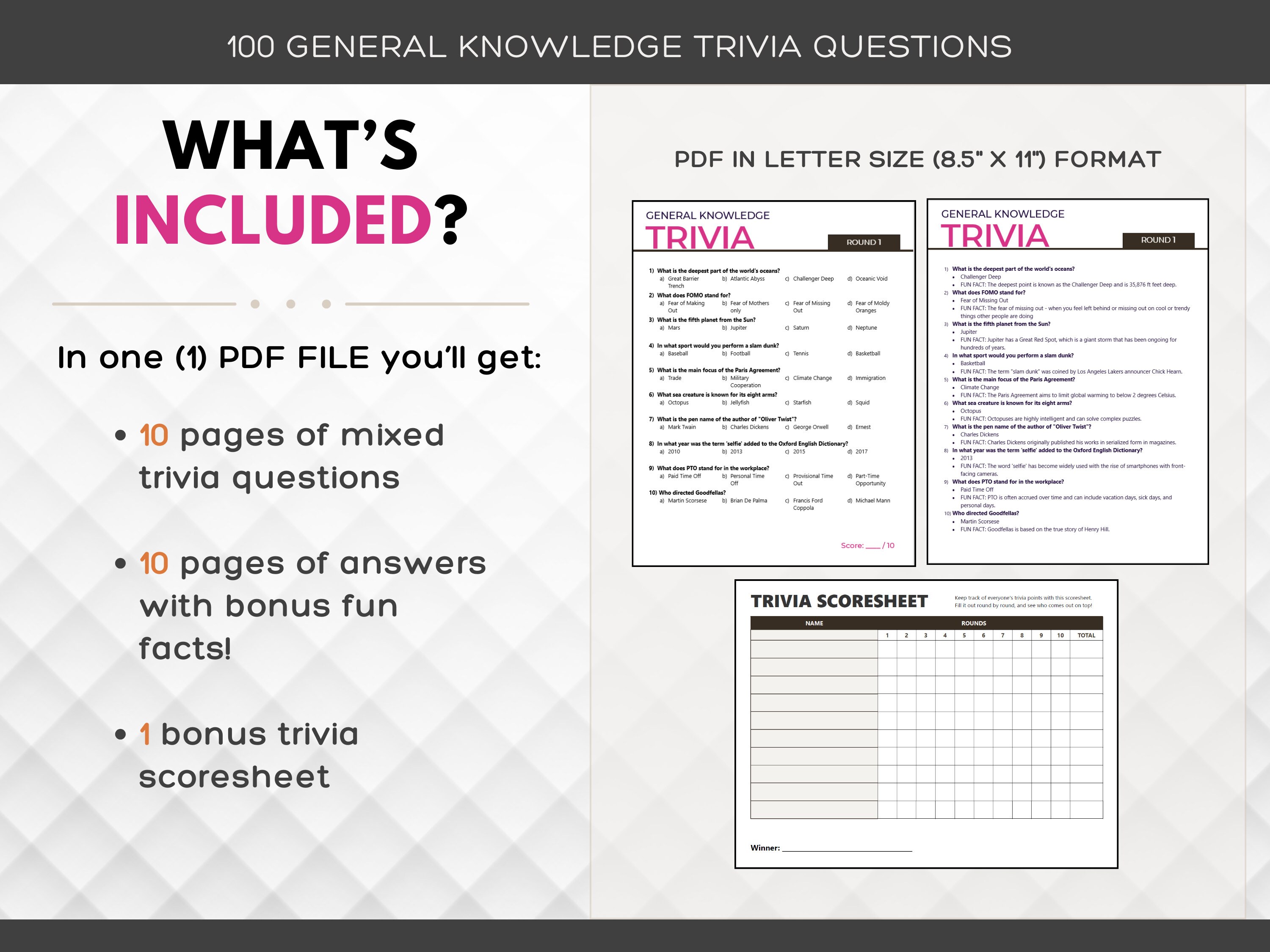 100 Trivia Questions Bundle, General Knowledge Trivia Game, Instant ...