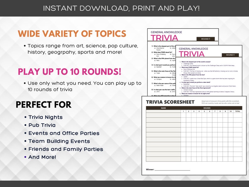 100 Trivia Questions Bundle, General Knowledge Trivia Game, Instant ...