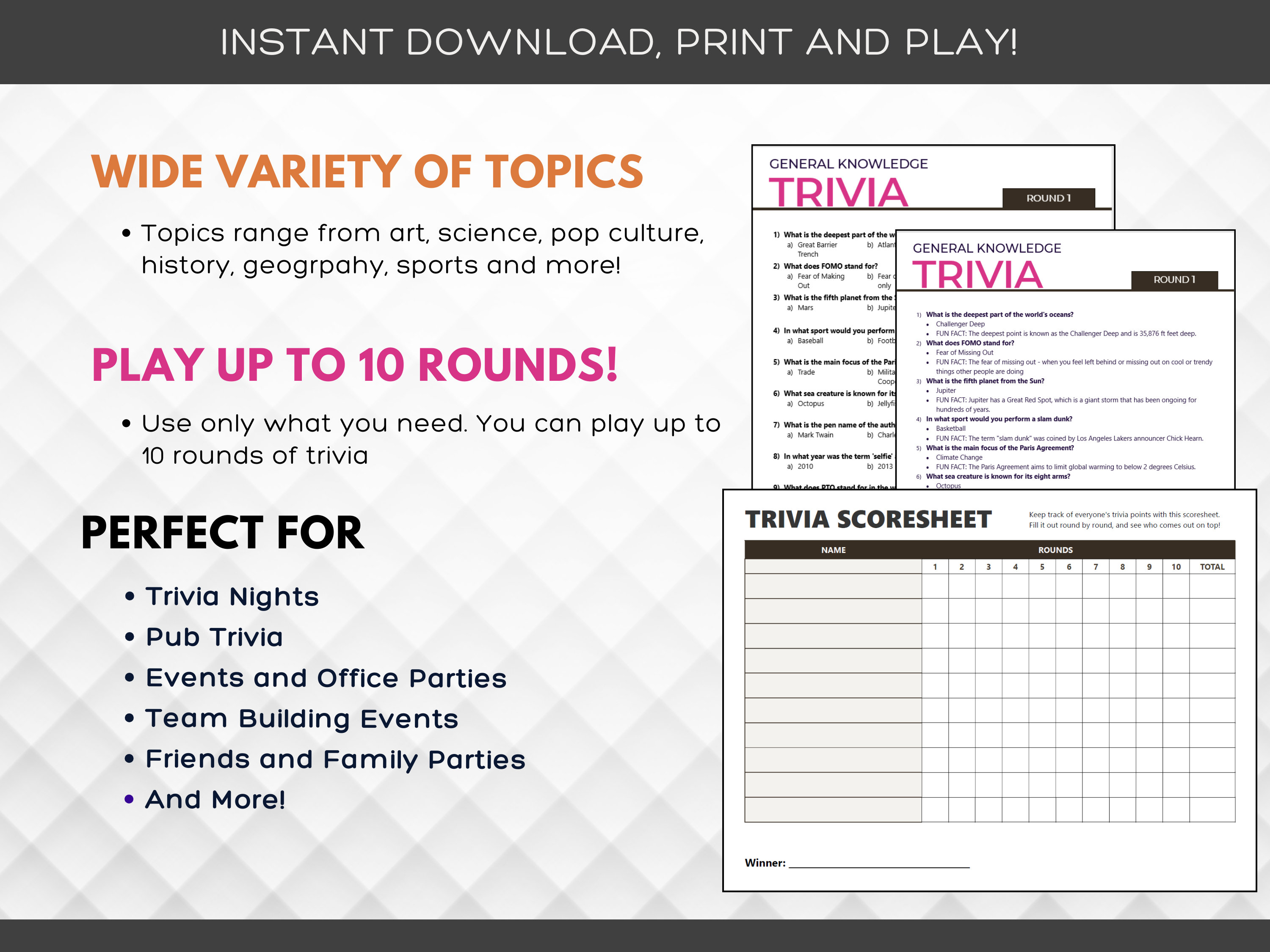 100 Trivia Questions Bundle, General Knowledge Trivia Game, Instant ...