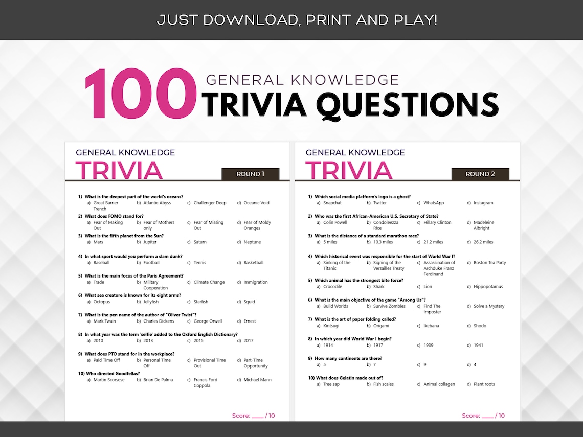 100 Trivia Questions Bundle, General Knowledge Trivia Game, Instant ...