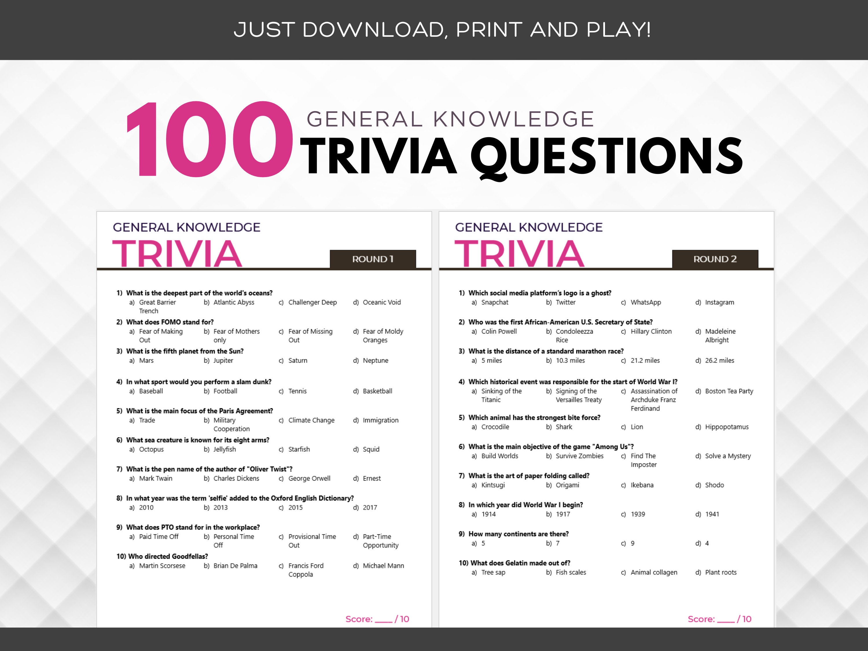 100 Trivia Questions Bundle, General Knowledge Trivia Game, Instant ...