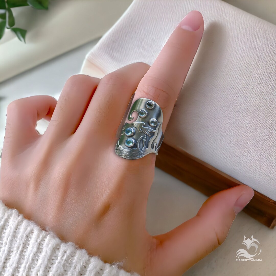 Handmade Underwater Blue Gem Fish Ring, Blue Ocean Women's Jewelry ...