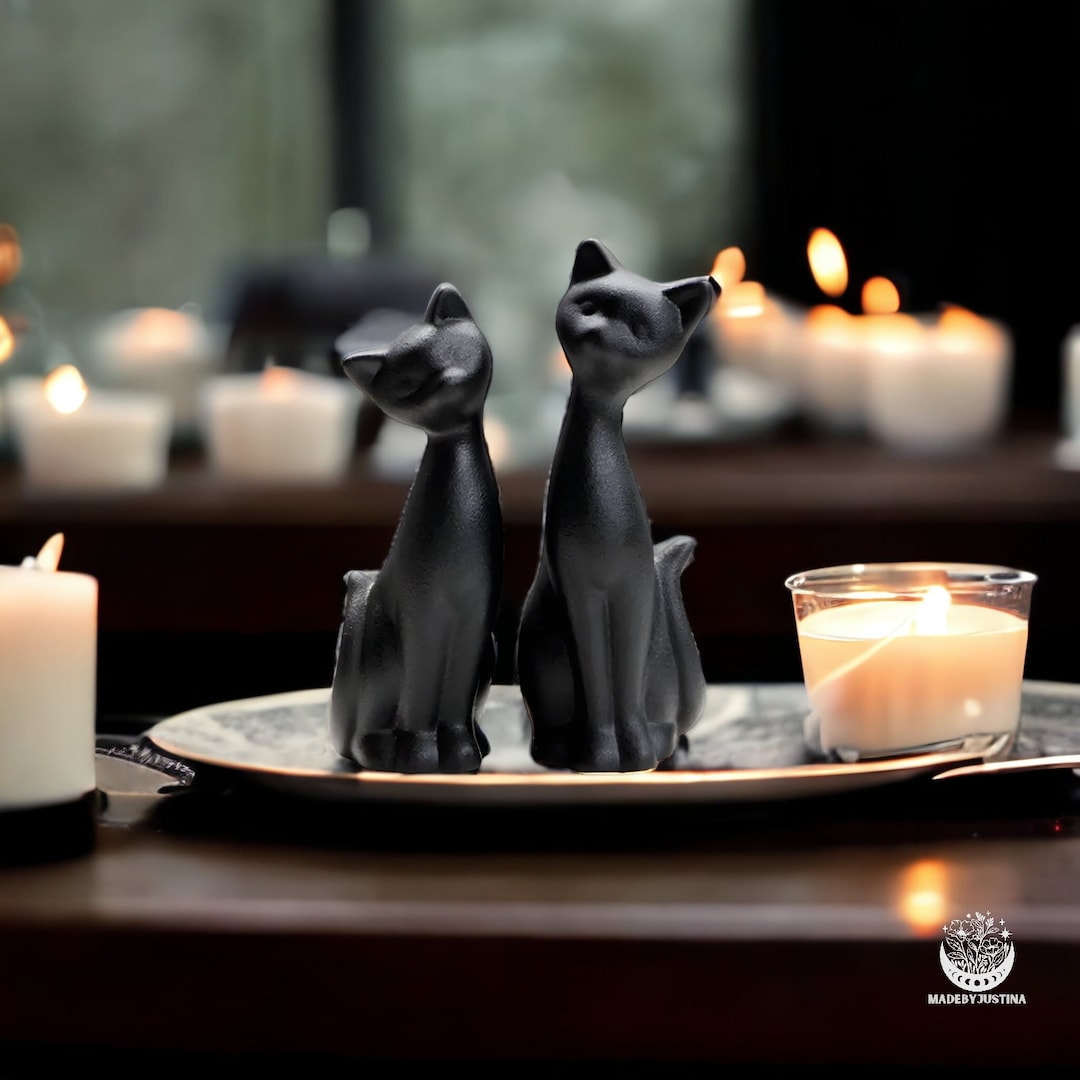 Handmade Ceramic Black Cat Figurine, Set of 2 Tall Cat Matte Statue ...