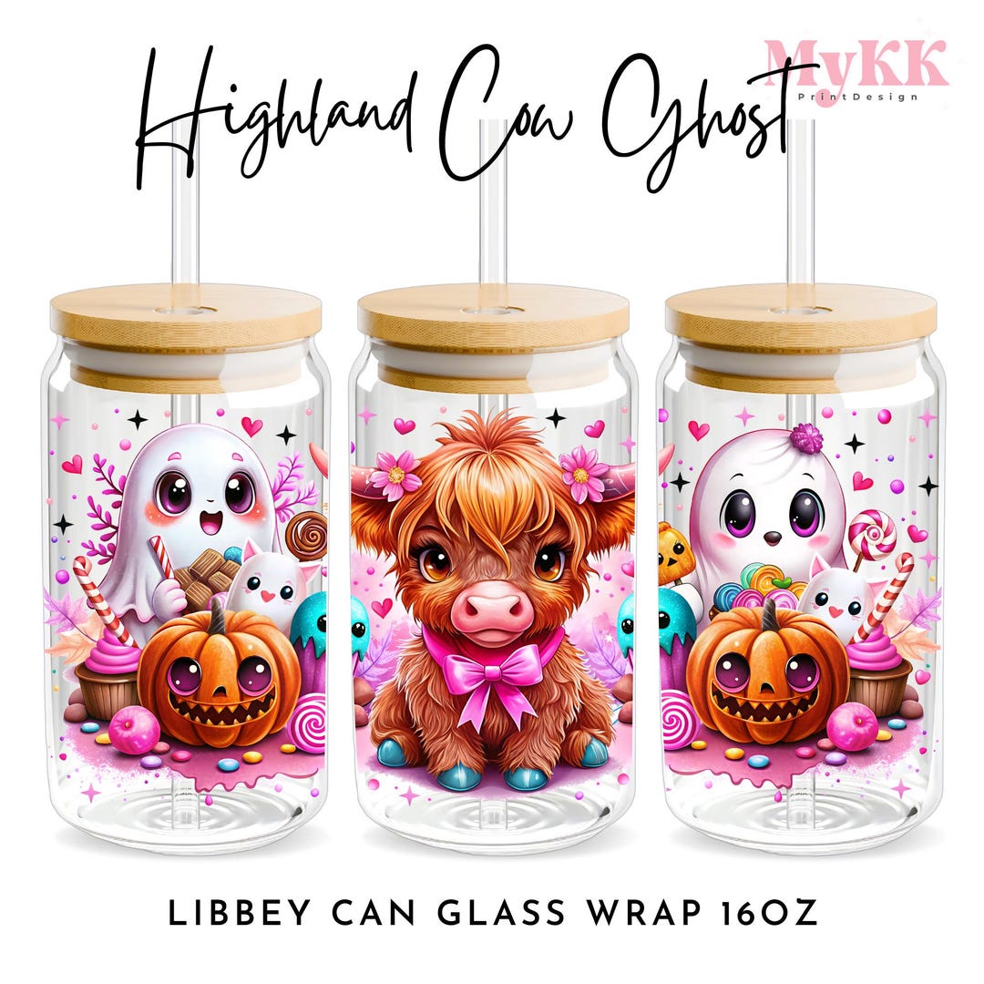 Highland Cow With Ghost Libbey Glass Wrap, 16oz Libbey Wrap Sublimation ...