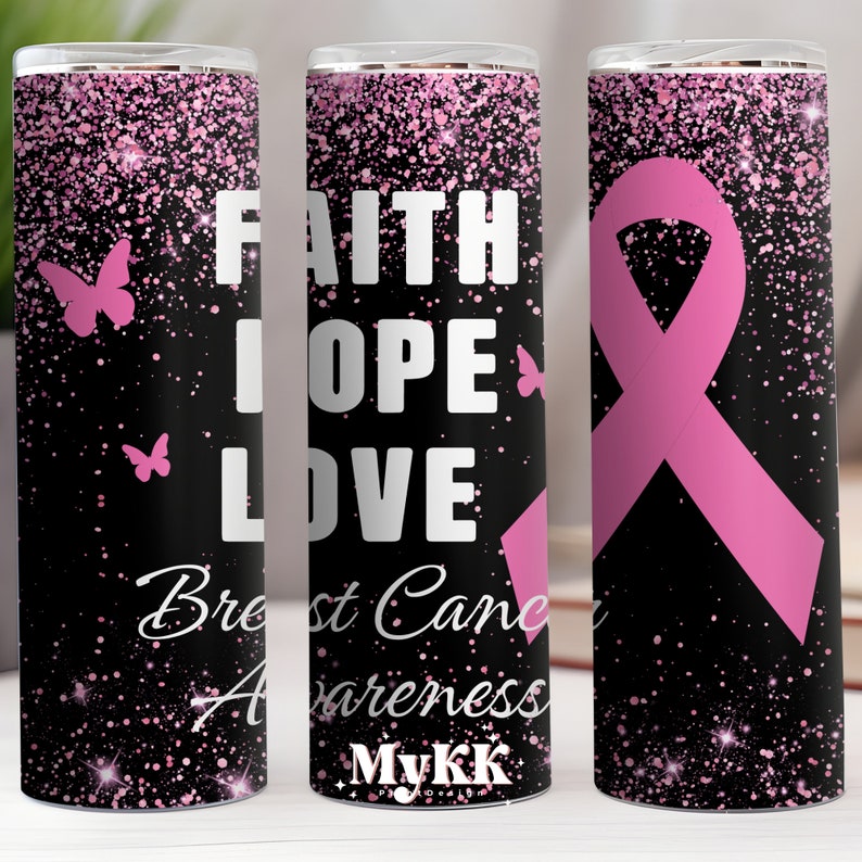 Pink Glitter Faith Hope Love Breast Cancer Awareness 20oz Skinny ...