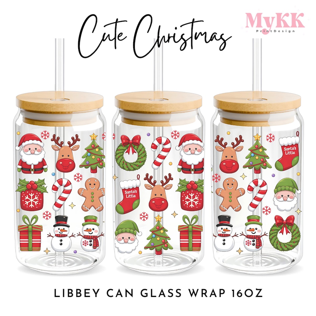 Cute Christmas Libbey Glass Wrap, 16oz Libbey Wrap Sublimation Design ...