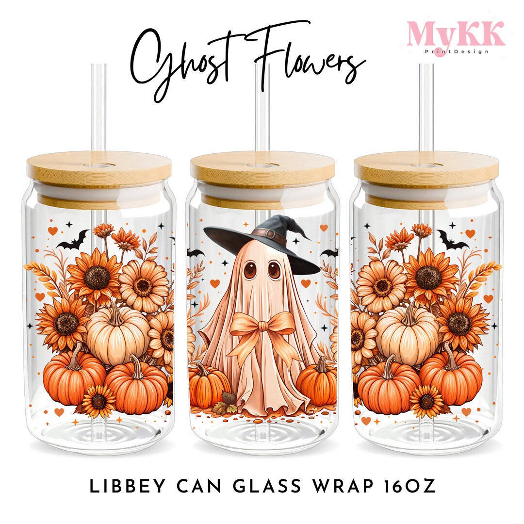 Cute Ghost Flowers Libbey Glass Wrap, 16oz Libbey Wrap Sublimation ...