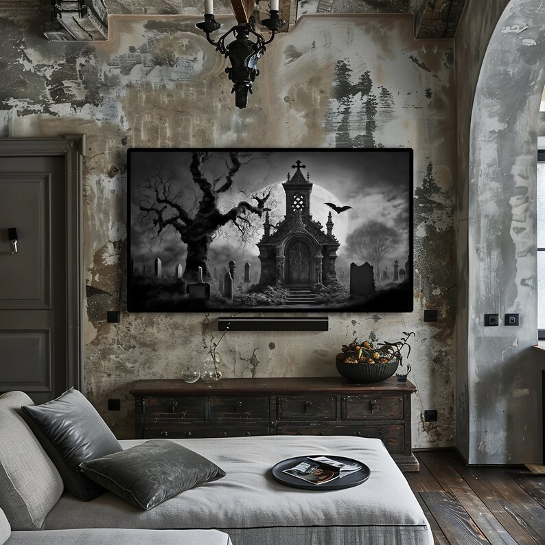 Creepy Gothic Cemetery Painting, Digital TV Art 4K Res, Instant ...