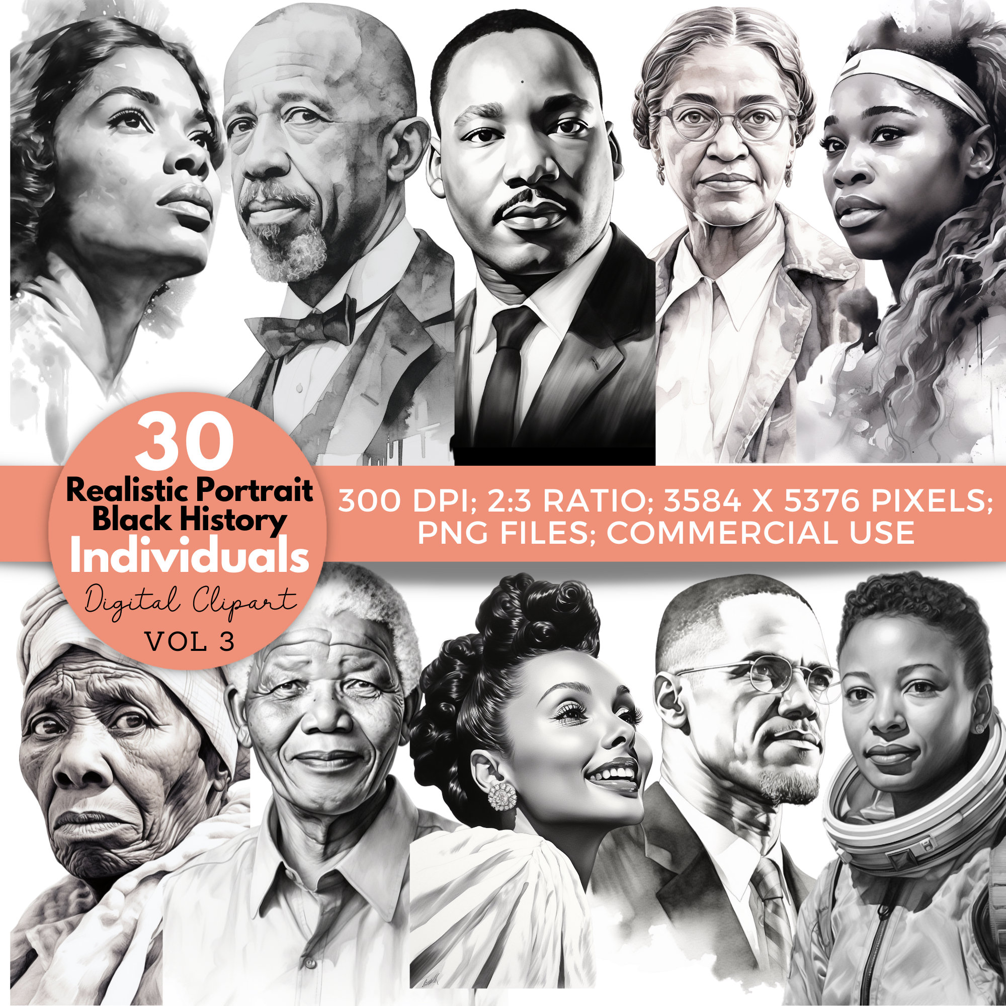 Black History Month Clipart: Watercolor Portraits PNG (digital Download ...