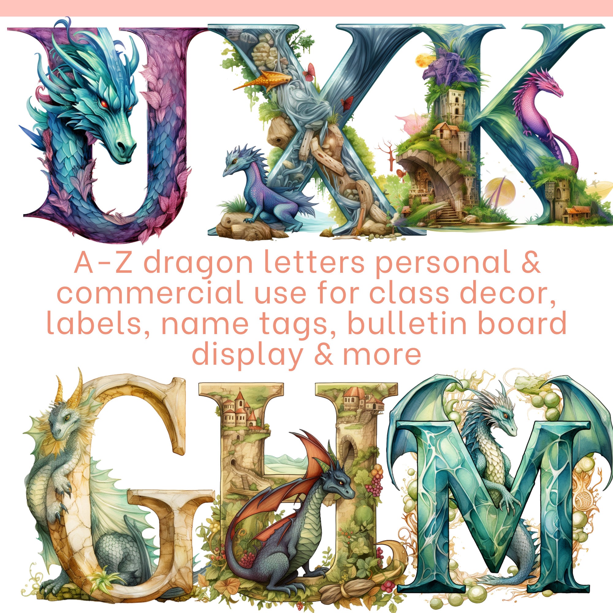 Dragon Alphabet Letters: Fairy Tale Bulletin Board Clipart (PNG Digital ...