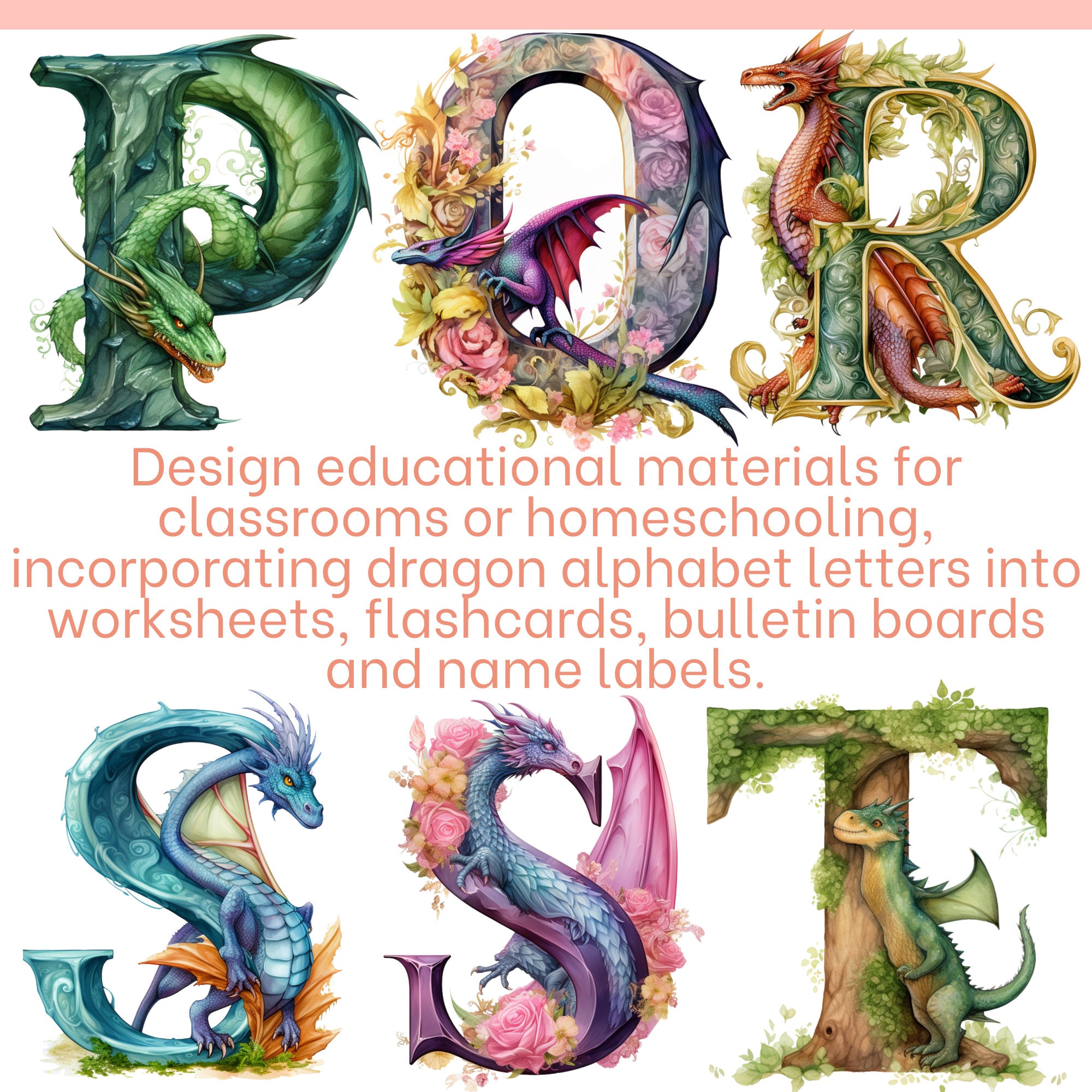 Dragon Alphabet Letters: Fairy Tale Bulletin Board Clipart (PNG Digital ...