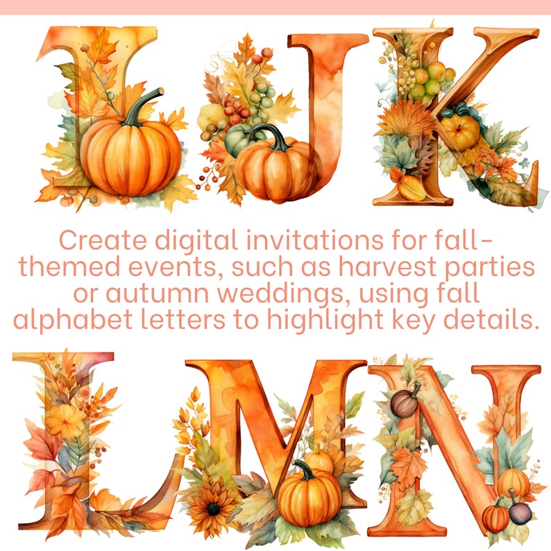 Watercolor Fall Alphabet Clipart: Floral Pumpkin Letters (PNG Digital ...