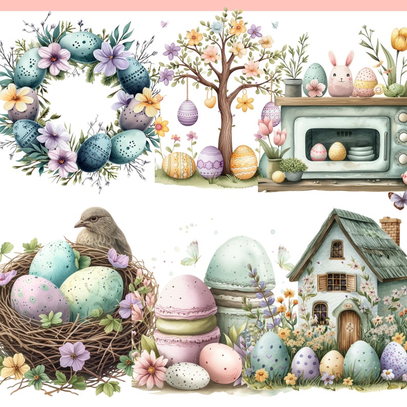 Watercolor Easter Clipart Bundle: Bunny, Eggs, Basket (PNG, Commercial ...