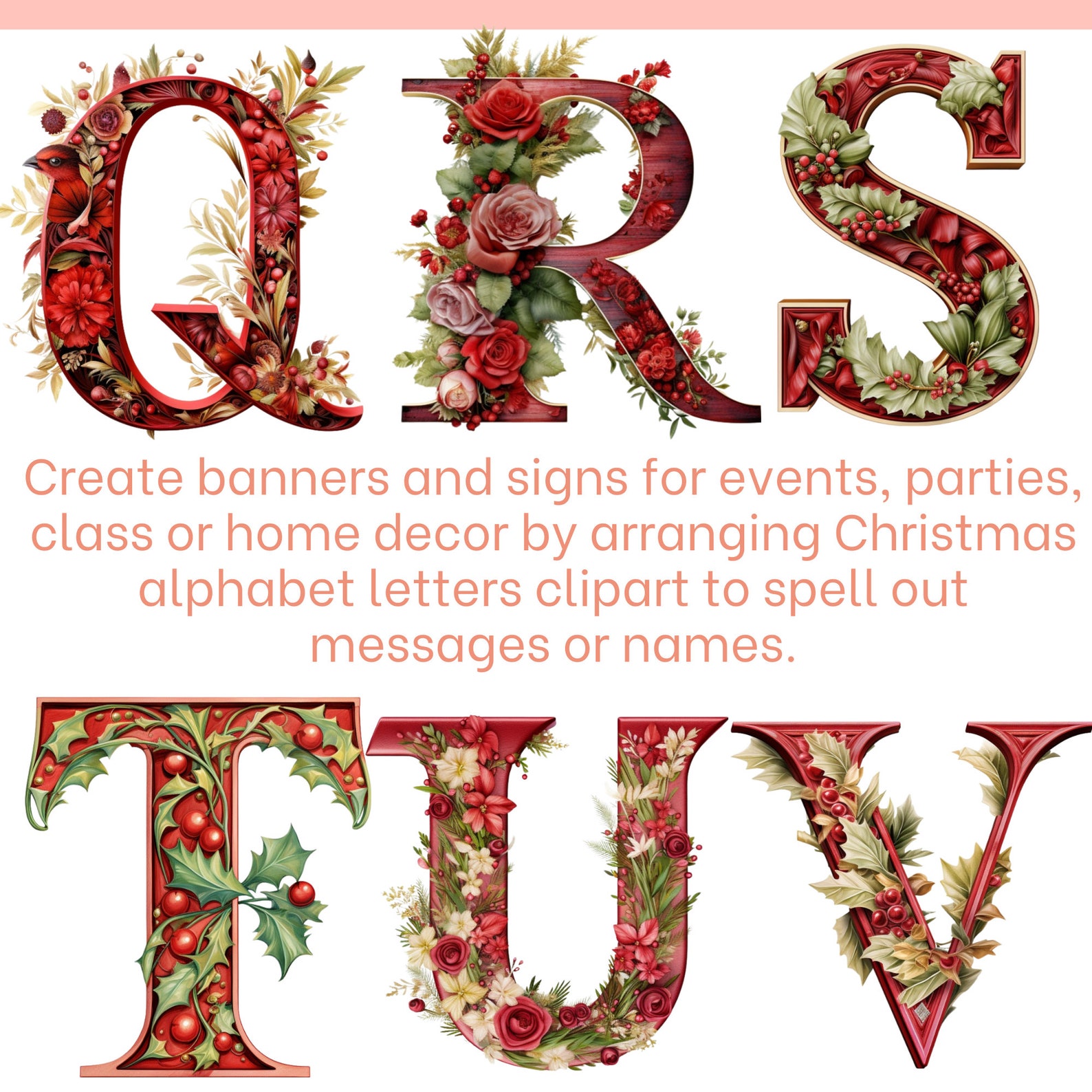 Christmas Letters Clipart: Floral Alphabet PNG Files (digital Download ...