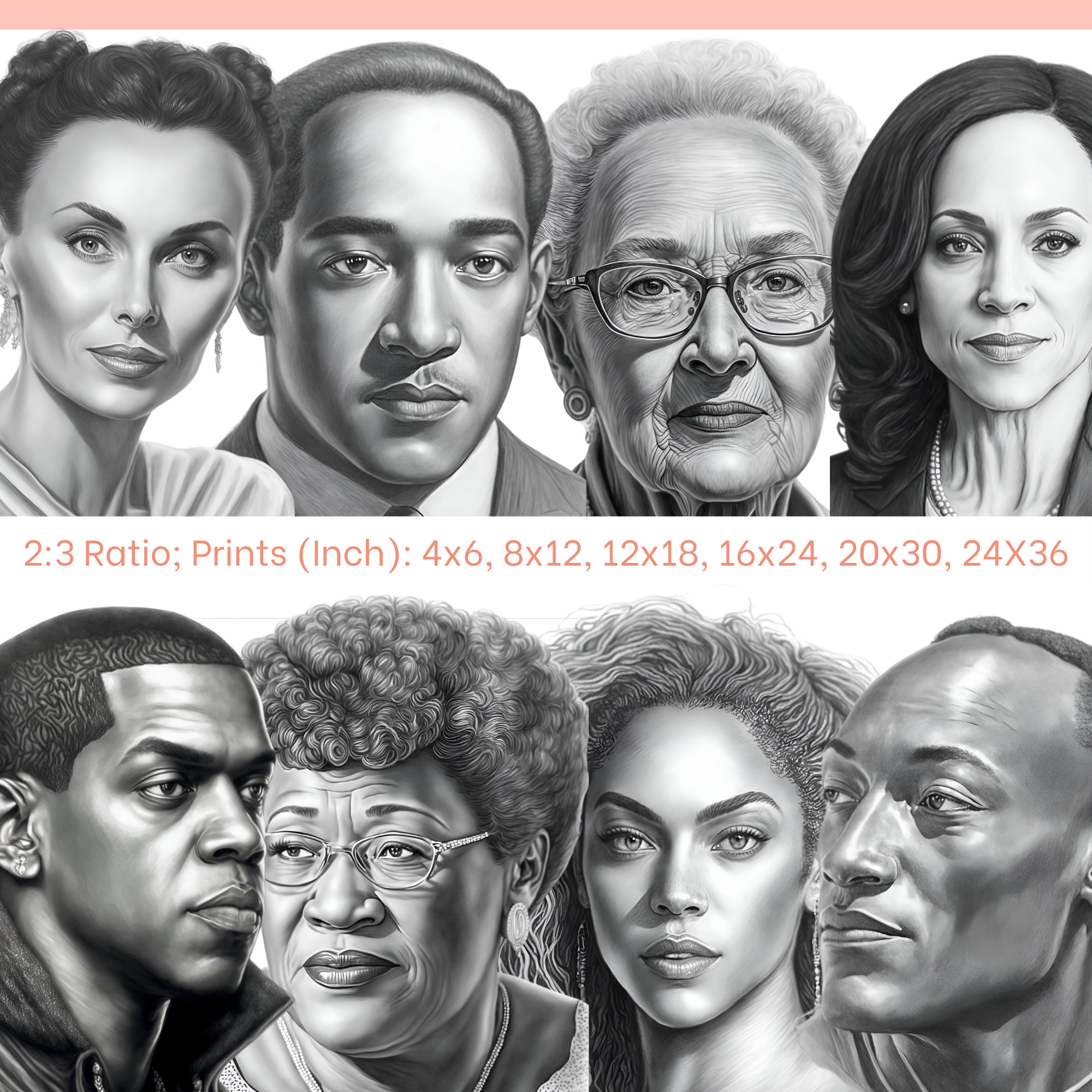 Black History Month PNG Art: Pencil Sketch Portraits (digital Download ...
